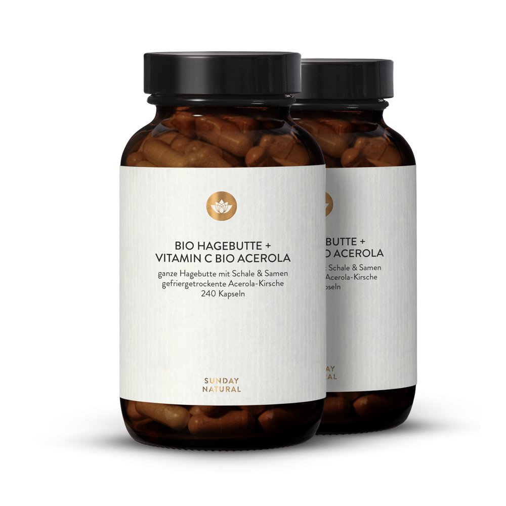 BIO Hagebuttenpulver + Vitamin C Bio-Acerola. 2x240 Kapseln