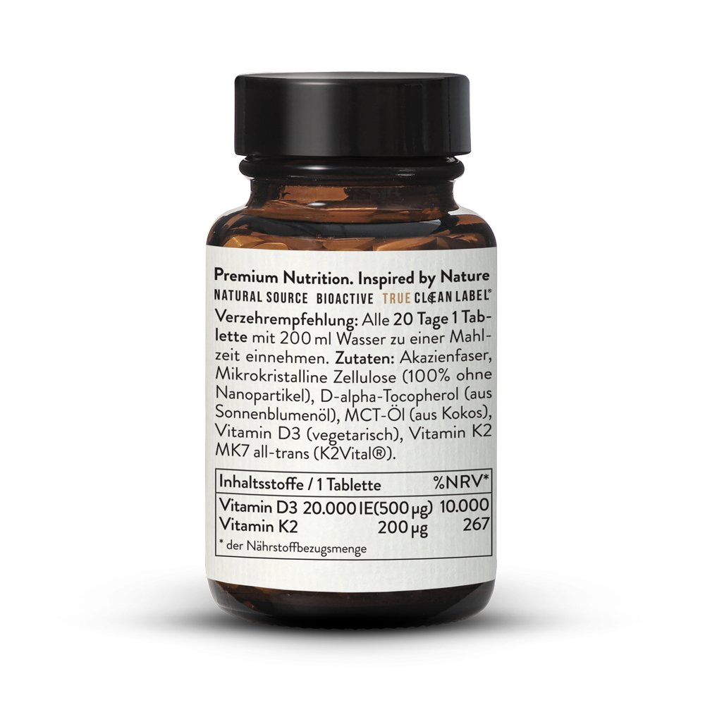 Vitamin D3 20000 IE + 200µg K2 180 Tabletten hochrein, bioaktiv
