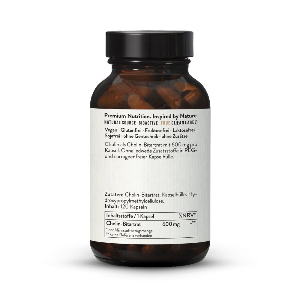 Vegan Choline Bitartrate 600mg. 2x120 Capsules | Sunday Natural