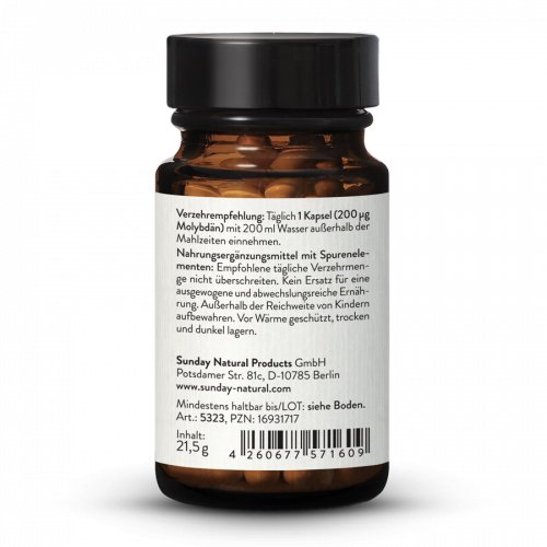 Molybdän 200µg Natriummolybdat Pharmaqualität, 120 Kapseln | Sunday Natural