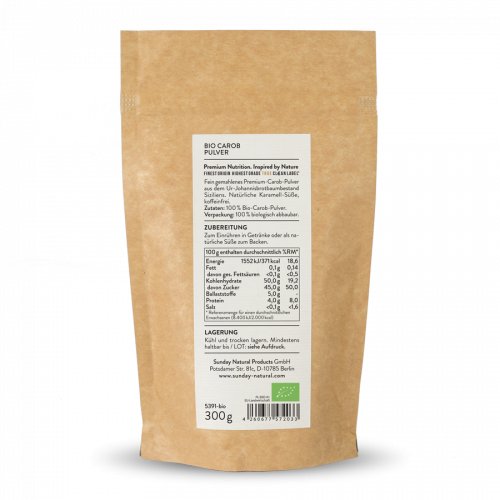 Bio Carob Pulver Sizilien Premium-Qualität glutenfrei 300g | Sunday Natural